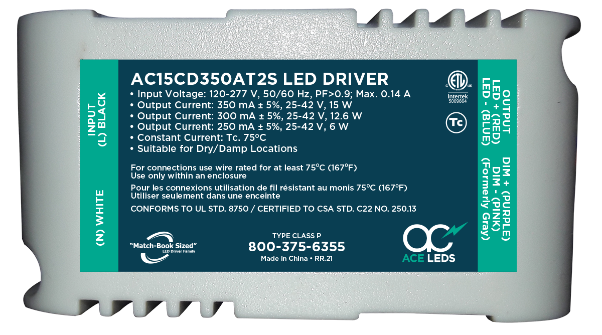 15 Watt 0-10V Dimming Constant Current Match-Book Sized LED Drivers - ACE LEDS